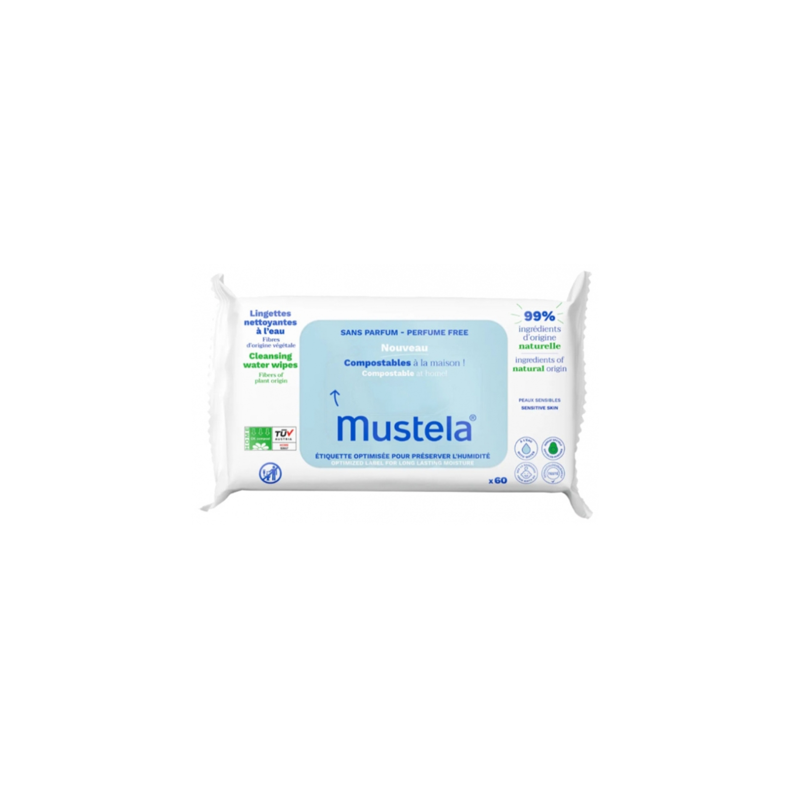 Mustela Lingettes Nettoyantes Compostables Sans Parfum x60 | Parashop